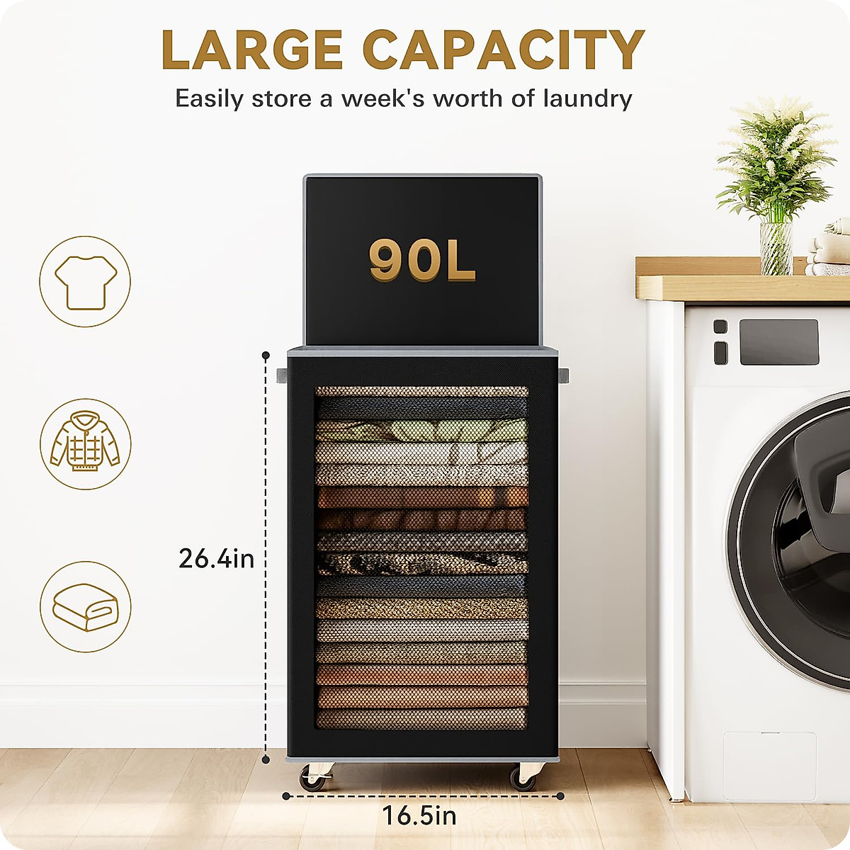 SOLEDI Laundry Basket with Wheels, Laundry Hamper with Lid 90L(23.8 gal), Clothes Hamper with Bag Removable - Rolling Laundry Basket, Move Smoothly- Suitable for Apartment, Bathroom, Bedroom, Dorm