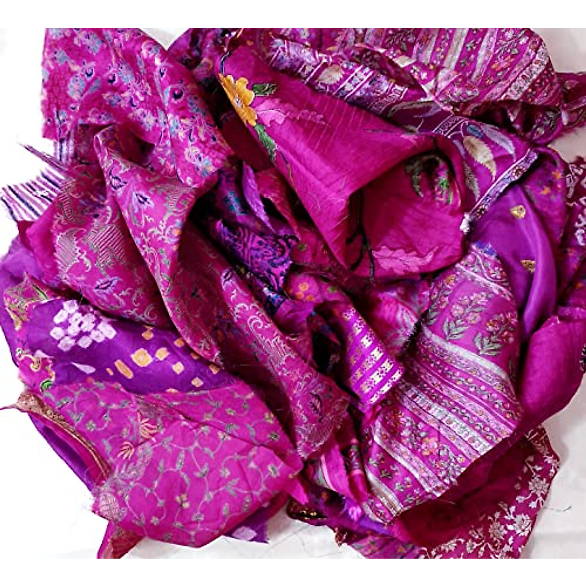 Vintage Fabrics Crafts Sari Silk Fabric Lot Vintage Sari Fabric Material Remnant 50 Small Pieces Magenta Craft Scrapbook Art Doll Junk Journal, 6 Inches