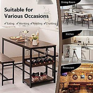 Giantex Dining Table Set for 4, 3-Piece 55” Kitchen Table Set w/ 2 Benches, Breakfast Table w/Wine Rack & Glass Holder, Space-Saving Dinette Set for Dining Room, Kitchen, Apartment (Rustic Brown)