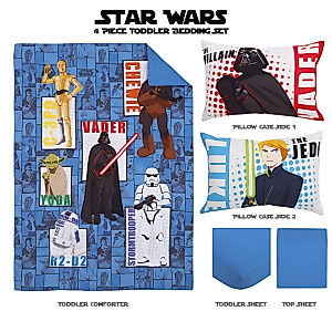 Disney Star Wars Galaxies Await 4 Piece Toddler Bedding Set Fitted Sheet, Pillow Case, Top Sheet, and Comforter Quilt - Blue