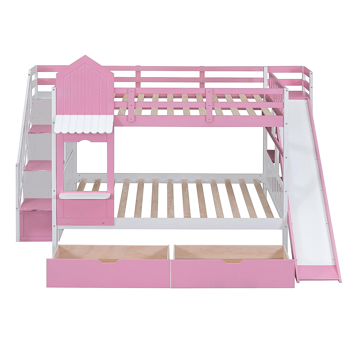 Loisall Castle Style Bunk Bed with 2 Drawers,Wooden Bed Frame with Ladder,Full-Length Guardrails,3 Shelves and Slide for Bedroom (Pink, Full-Over-Full)