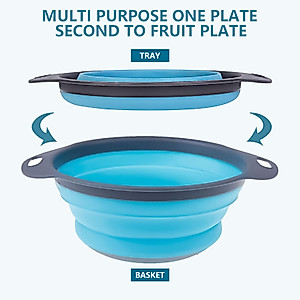 3 Piece Collapsible Colander Set - Round Silicone in Kitchen Food Strainers Drainer Basket Blue for Draining Pasta Vegetables Fruits (Blue)