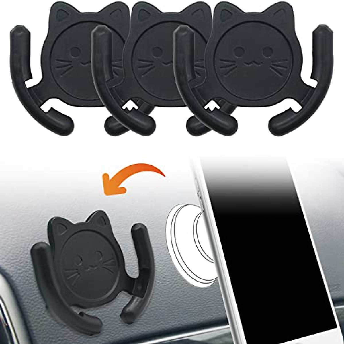 HOMEFOX Multi-Surface Holder Car Mount 3 Pack Compatible for Popsocket Holder Grips Hand-Free Device Support Accessories Home Office Desk Wall Mount Cute Cat with Strong Adhesive Sticky Gel Pad, Black