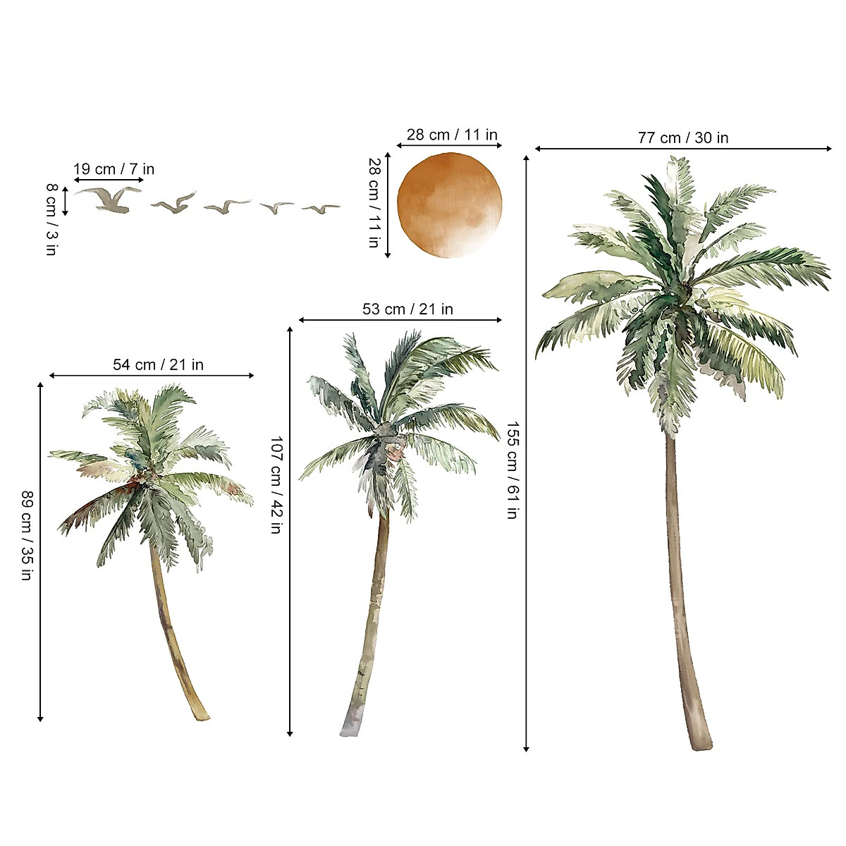 wondever Boho Palm Tree Wall Stickers Large Tropical Tree Sunset Peel and Stick Wall Art Decals for Living Room Bedroom TV Background (H: 63.8 inch)
