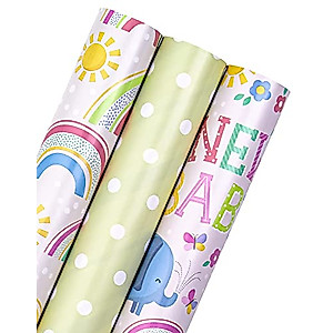 WRAPAHOLIC Reversible Baby Shower Wrapping Paper - Mini Roll - 3 Rolls - 17 Inch X 120 Inch Per Roll - Solid Green, Polka Dot, Stripes, Rainbows, Cute Animals & New Baby Lettering