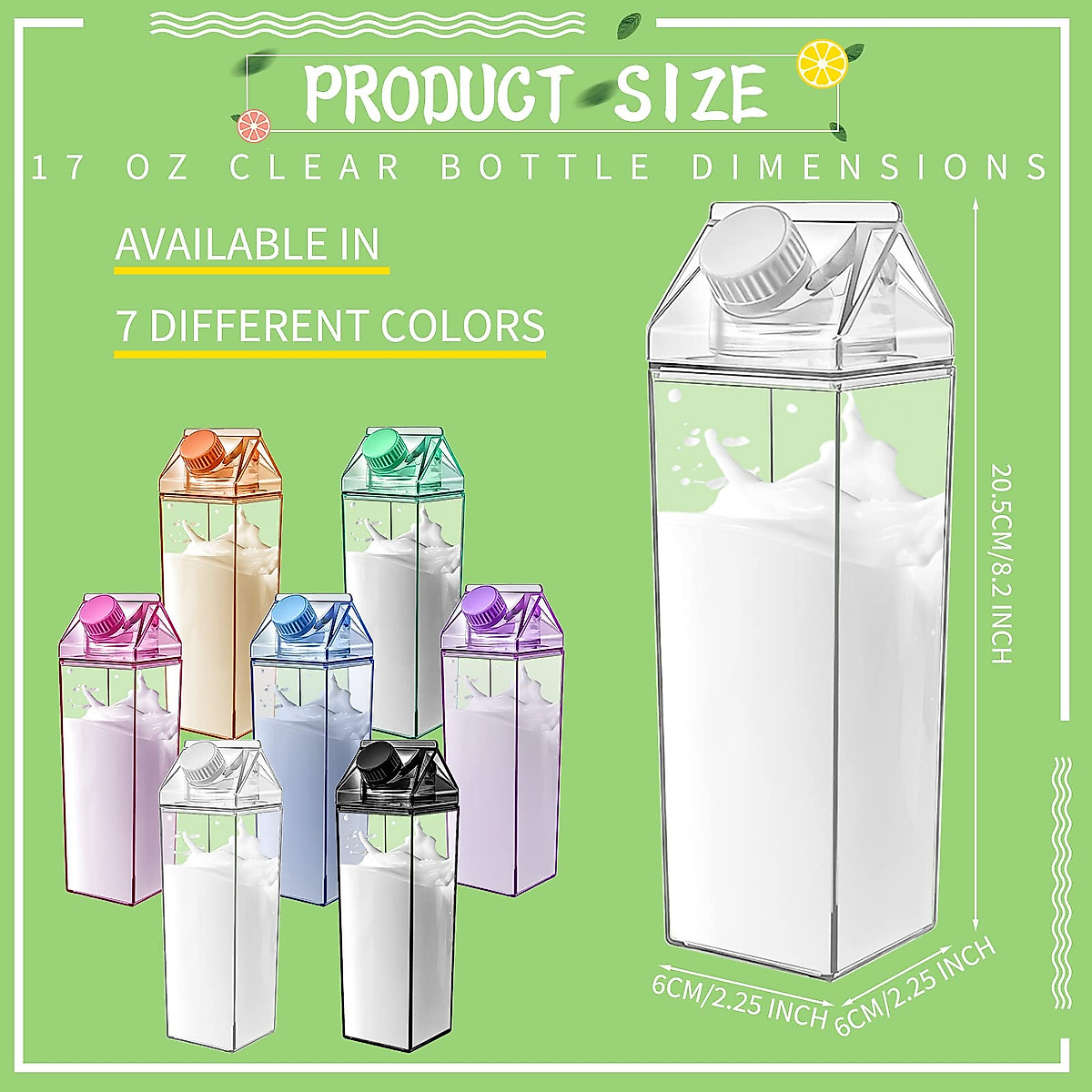 Foaincore 30 Pieces 17oz Milk Carton Water Bottles,clear Plastic Square Water Containers in Bulk, Leak Proof Portable and Reusable, for Outdoor Climbing Camping Fitness Gym Travel Sports, 7 Colors