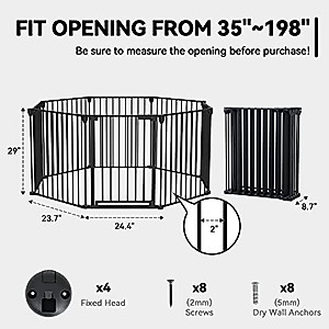 Kfvigoho Baby Gate 35"-198" Extra-Wide Gate for Stairs, Play Yard Child Safety Gate, Dog-gate with Auto-Close Door, Double Locking System for Fireplace, Kitchen, Foldable 8 Steel Panels, 29" Height