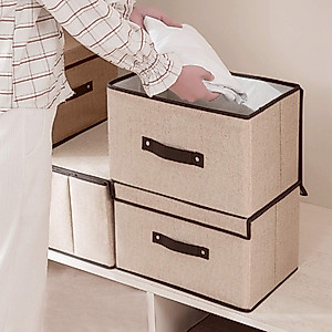 Fabric storage boxes and storage boxes, with handles and flip design, large foldable boxes, used to store books, clothes, toys, family bedroom closets, office storage bags. (2 pieces in beige)