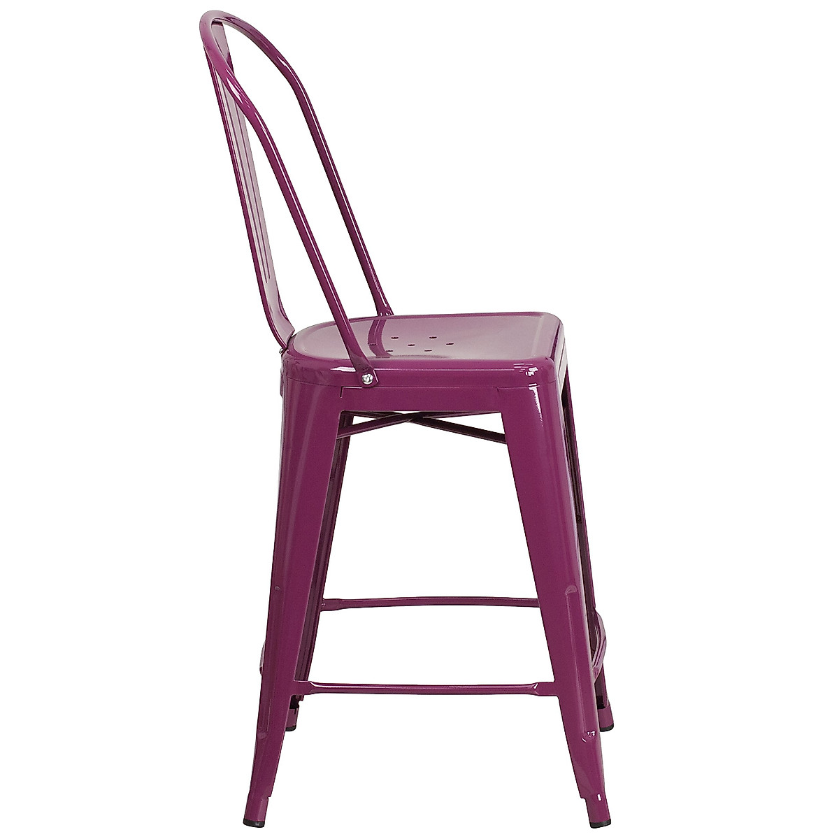 EMMA + OLIVER Commercial Grade 24" H Purple Metal Indoor-Outdoor Counter Height Stool with Back