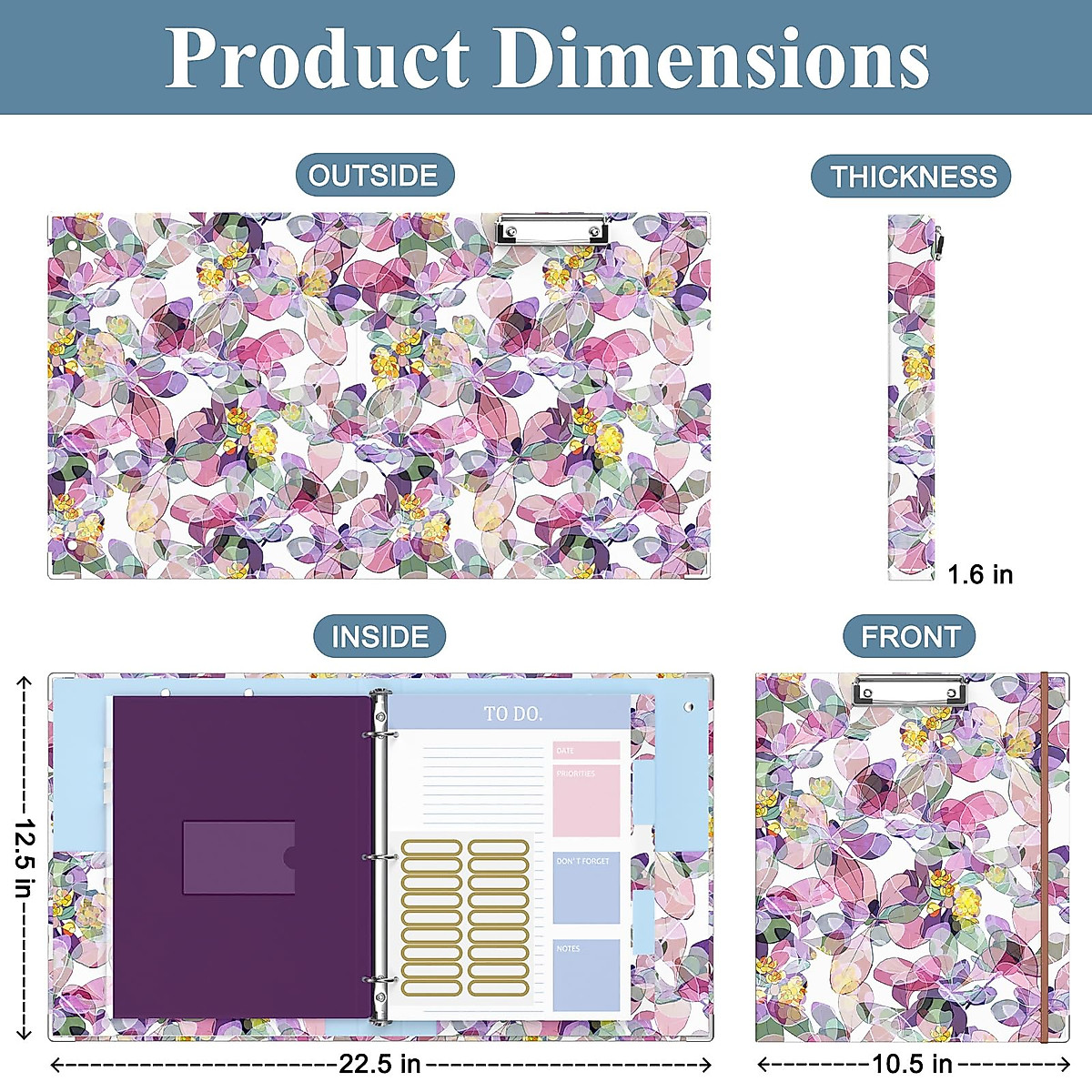 ZAXMEY 3 Ring Binder, 1 Inches Round Ring Binder with Clipboard, Dividers Tabs, PVC Zipper Bag Sleeves & to Do List Planners for Women, Men, School, Office Supplies, Colorful Flower
