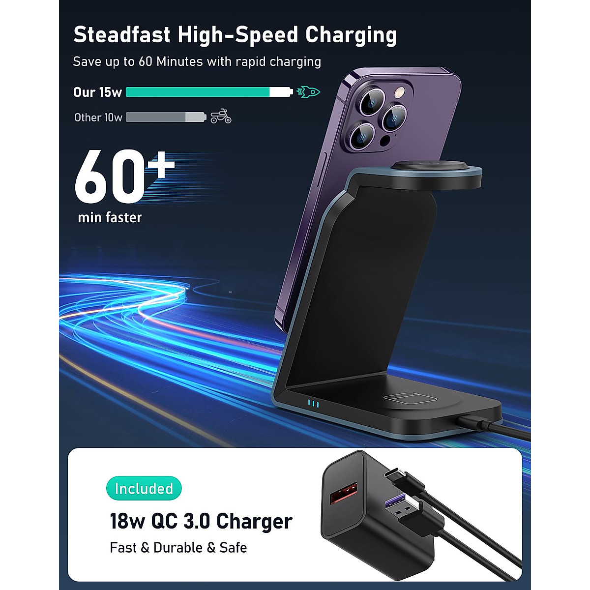 Charging Station for Apple Wireless Charger 3 in 1: 2024 New Aluminum Alloy Magnetic Charger Stand Fast Charging Multiple Devices for AirPods, Apple Watch, iPhone 15 14 13 12 Pro/Pro Max/Plus/Mini