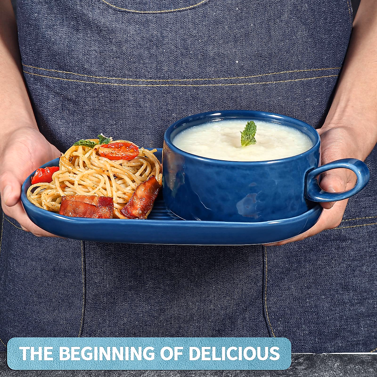 Wareland Rimmed Pasta Bowls Set of 4 & Ceramic Soup and Sandwich Plate Combo