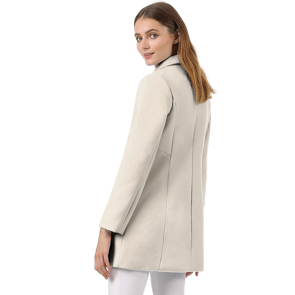 Allegra K Women's Peter Pan Collar Double Breasted Winter Long Trench Pea Coat Small Beige