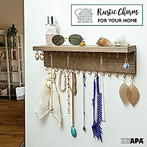 Ilyapa Wall Mounted Jewelry Organizer Shelf, Rustic Jewelry Wall Organizer, Brown Wooden Jewelry Hanger for Wall, Necklace Hanger, Earring and Bracelet Holder Rack, Wall Necklace Holder with Hooks