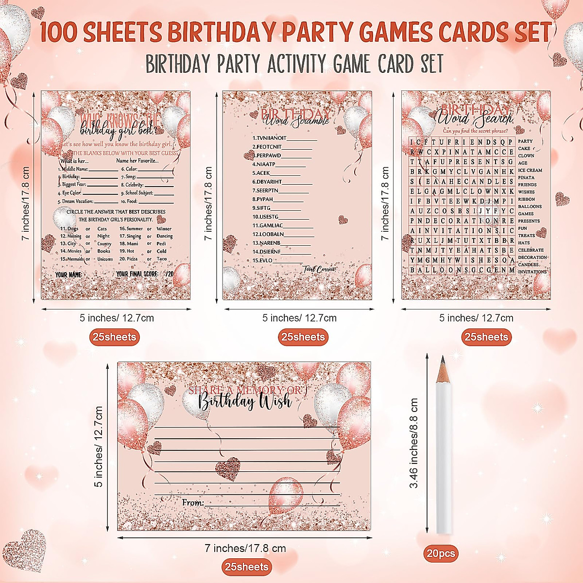 Fumete Birthday Party Games 100 Pcs Who Knows The Birthday Girl Game with 20 Pencils Girly Birthday Cards Set for Child Teen Adults Sweet Sleepover Party Supplies for Girls, 4 Activities (Balloon)