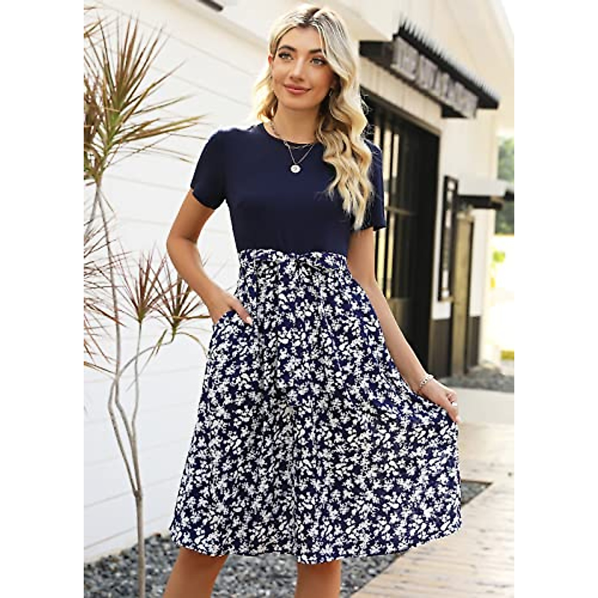 Berydress Knee Length Dress for Women Summer Casual Short Sleeve Modest A-Line Belt Party Work Dress with Pockets (S, 6188-Navy Floral)