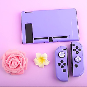 FANPL Case for Nintendo Switch, Hard Shell Cute Protective Case Cover for Switch and Joy Con Controller with 2 Flower Thumb Grips - Comfortable Touch (Purple)