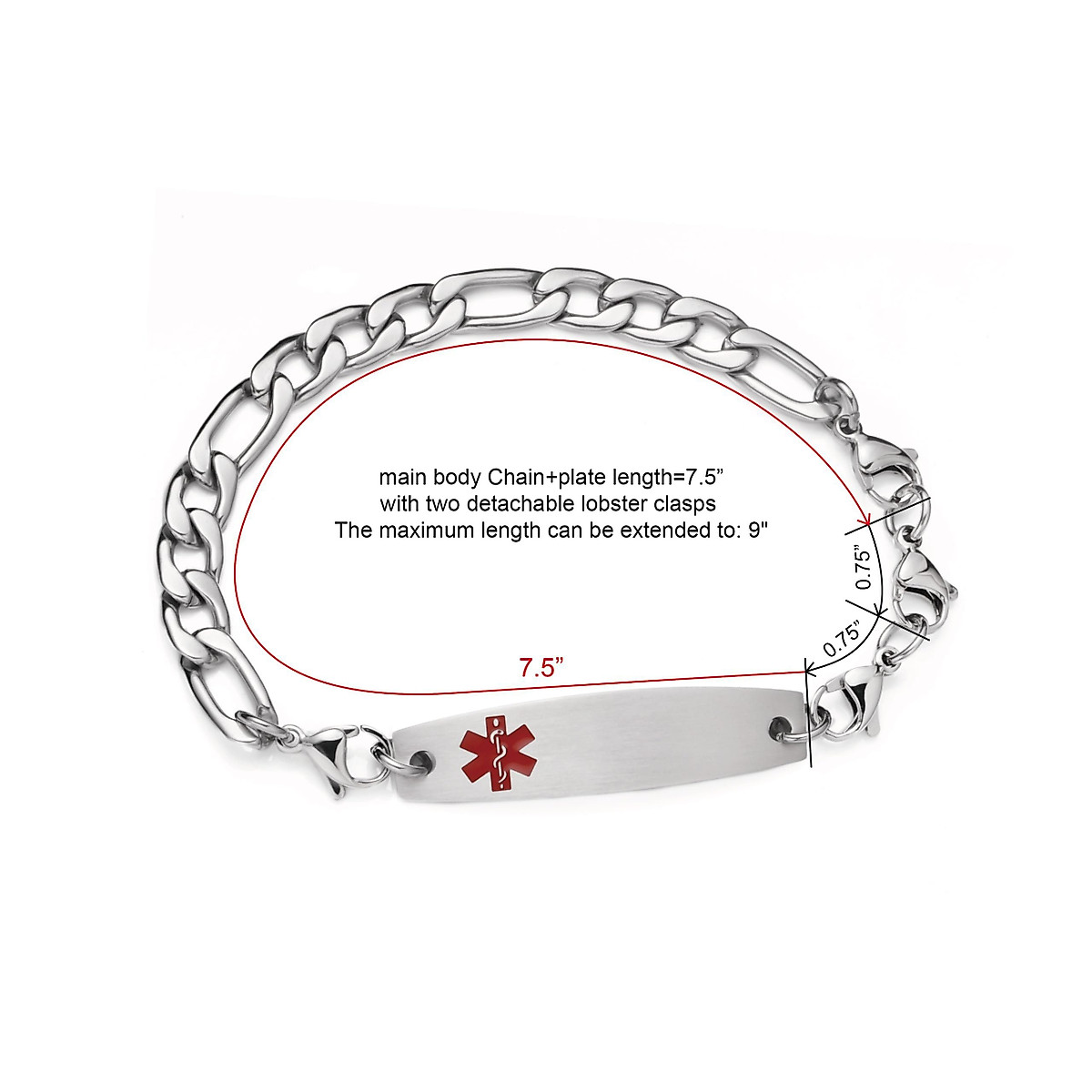 mnmhope 7.5"-9" Adjustable Medical alert bracelets for Women/Men Stainless steel Interchangeable Medical bracelets (with customize engraved-Figaro Chain)