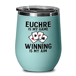 Flairy Land Euchre Teal Wine Tumbler 12oz - Euchre is my game - Euchre Card Game Set Euchre Score Keepers Player Partner Gifts
