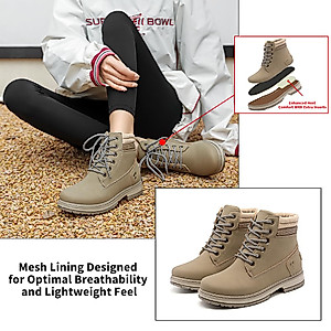 Cross Hill Women Hiking Work Boots - Waterproof Cute Ankle Combat Booties Lace Up Low Heel Lightweight Comfortable Black Khaki Camel Beige