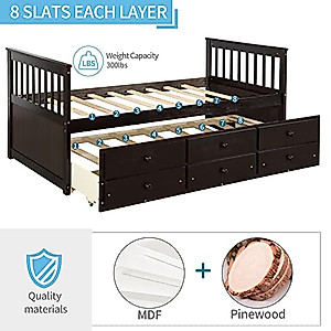 UBGO 3-in-1 Twin Sofa Bed, Wooden Furniture Set with Rollers and 3 Storage Drawers, Captain Sofa Bed Frame for Boys Girls Small Space Bedrooms, Espresso