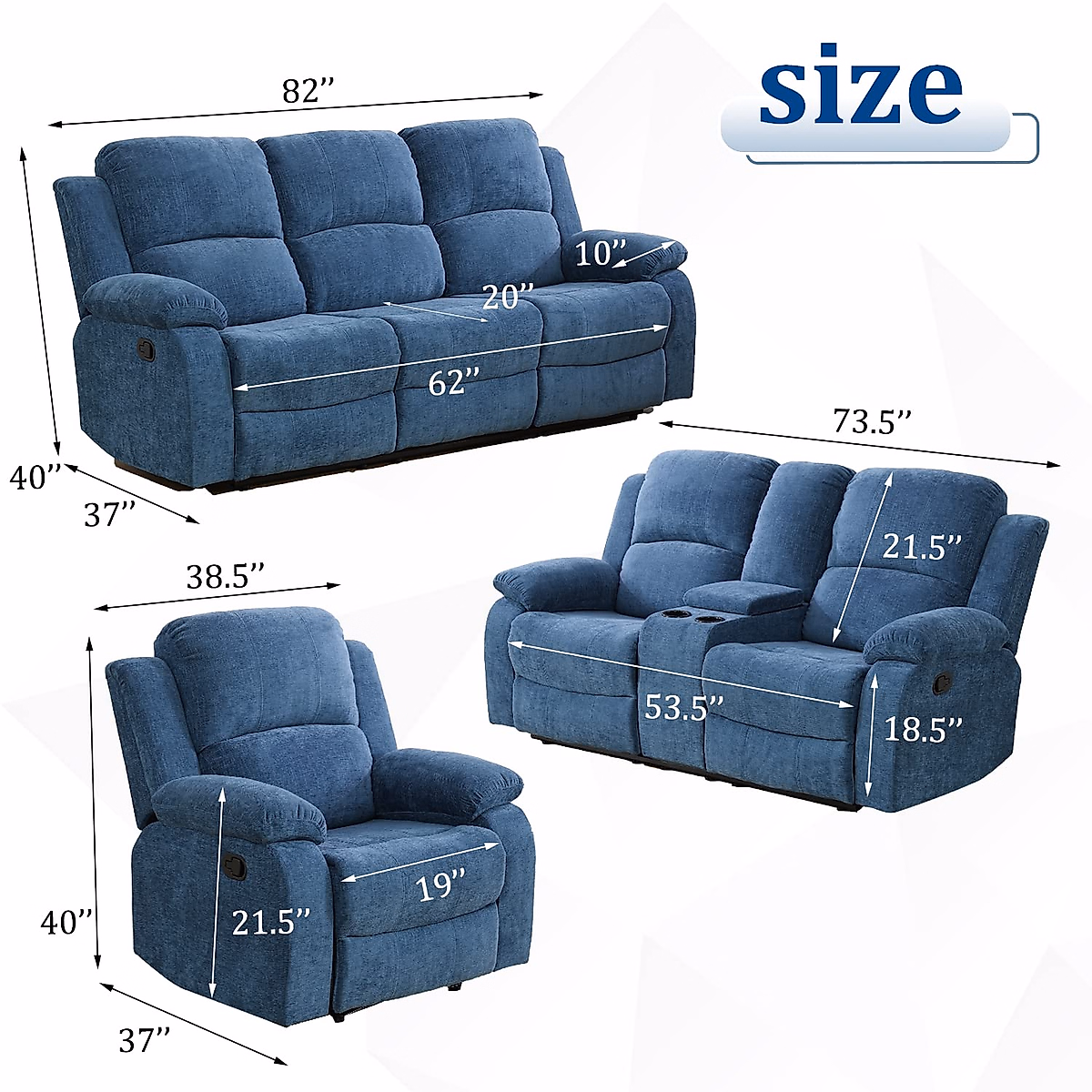 Plithzy Recliner Sofa Set Living Room Furniture, Microfiber Fabric Reclining Sofa Set, Recliner Couch Set with Cup Holders for Office Home (3 Piece Living Room Furniture Set, Blue)