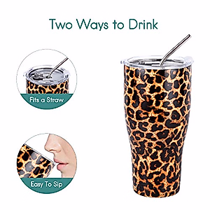 BR JUNKER 30 oz. Tumbler Double Wall Stainless Steel Vacuum Insulation Travel Mug with Crystal Clear Lid and Straw, Water Coffee Cup for Home,Office,School, Ice Drink, Hot Beverage,Leopard,Slim
