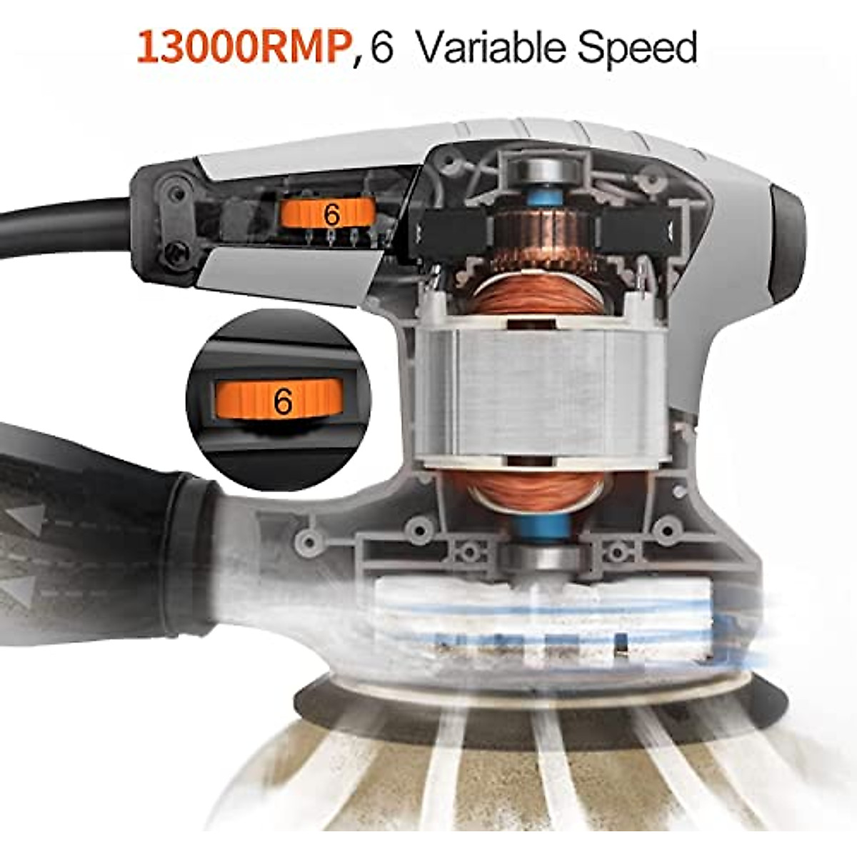 3 Amp Orbital Sander, KEKOY 6 Speeds Random Orbit Sander, 5” Electric Sander Kit with 12pcs Sandpapers, Dust Collector and Vacuum Adapter, Ideal Sanders for Woodworking