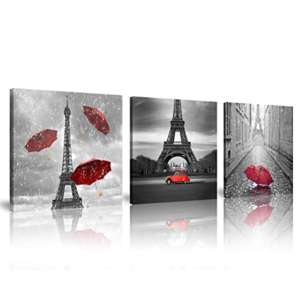 NAN Wind 3 Pcs Paris Canvas Prints Black and White Canvas with Red Umbrella Eiffel Tower Decor Red Car Red Wall Art Paintings on Canvas Stretched and Framed Ready to Hang for Home Decor