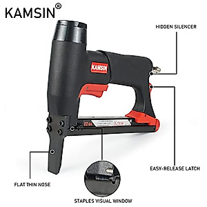 KAMSIN #7116L 22 Gauge Pneumatic Upholstery Stapler, 71 Series 3/8-Inch Crown Long Nose Air Power Fine Wire Staple Gun, 1/4-Inch to 5/8-Inch Leg Length Furniture Stapler for Fabric, Upholstering