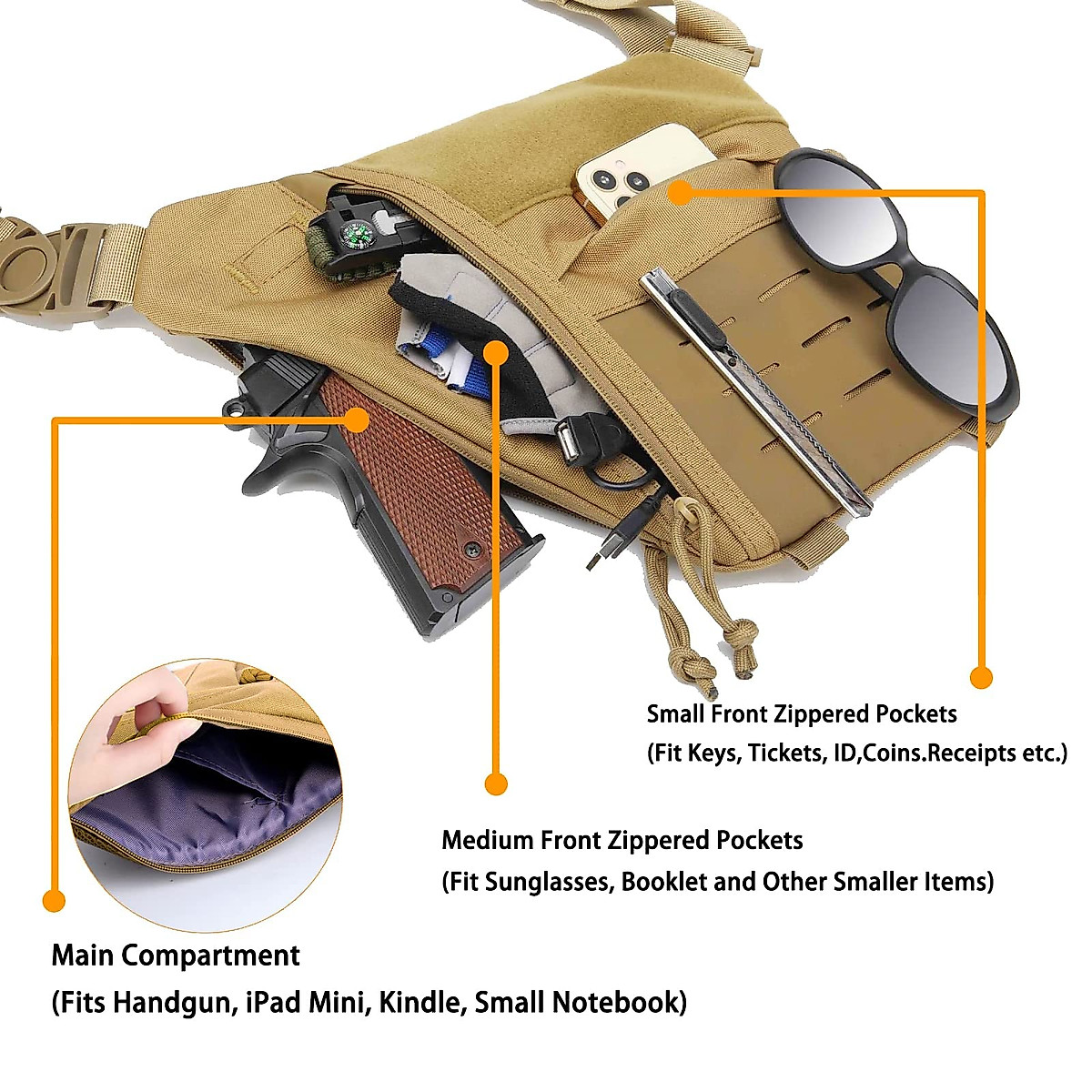 Crossbody Sling Bag for Men Women, Tactical Anti-Thief Conceal Carry Handgun Bag Stealth Personal Pocket Bag Over Shoulder Backpack w.Keychain Carabiner(CP)