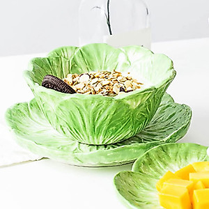GANAZONO 1 Set Ceramic Cabbage Bowl with Plate Fruit Salad Bowl Cartoon Dinner Plate Soup Bowls Easter Food Snack Container for Kitchen Green Ramen Bowl