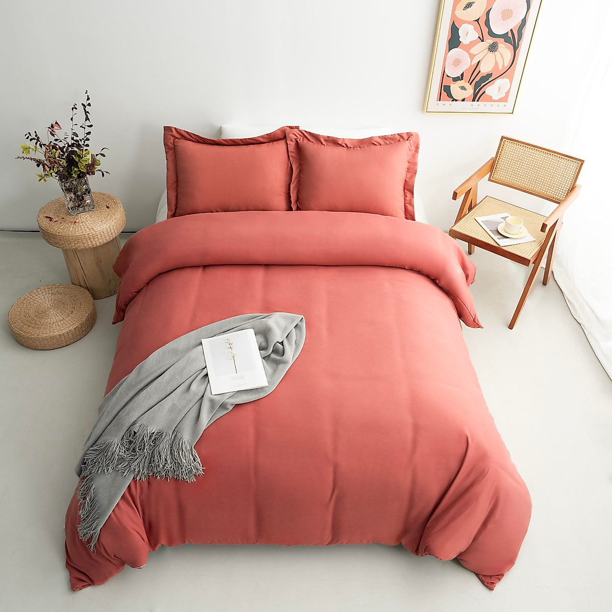 Mohap Duvet Cover 3 Piece Set Soft All Season Warm Luxury Brushed Microfiber 1800 Comforter Cover with 2 Matching Shams Queen Coral
