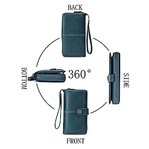 JJUQ Womens Wallet Leather Large Capacity Card Holder Zipper Wristlet Wallets for Women-peacock blue