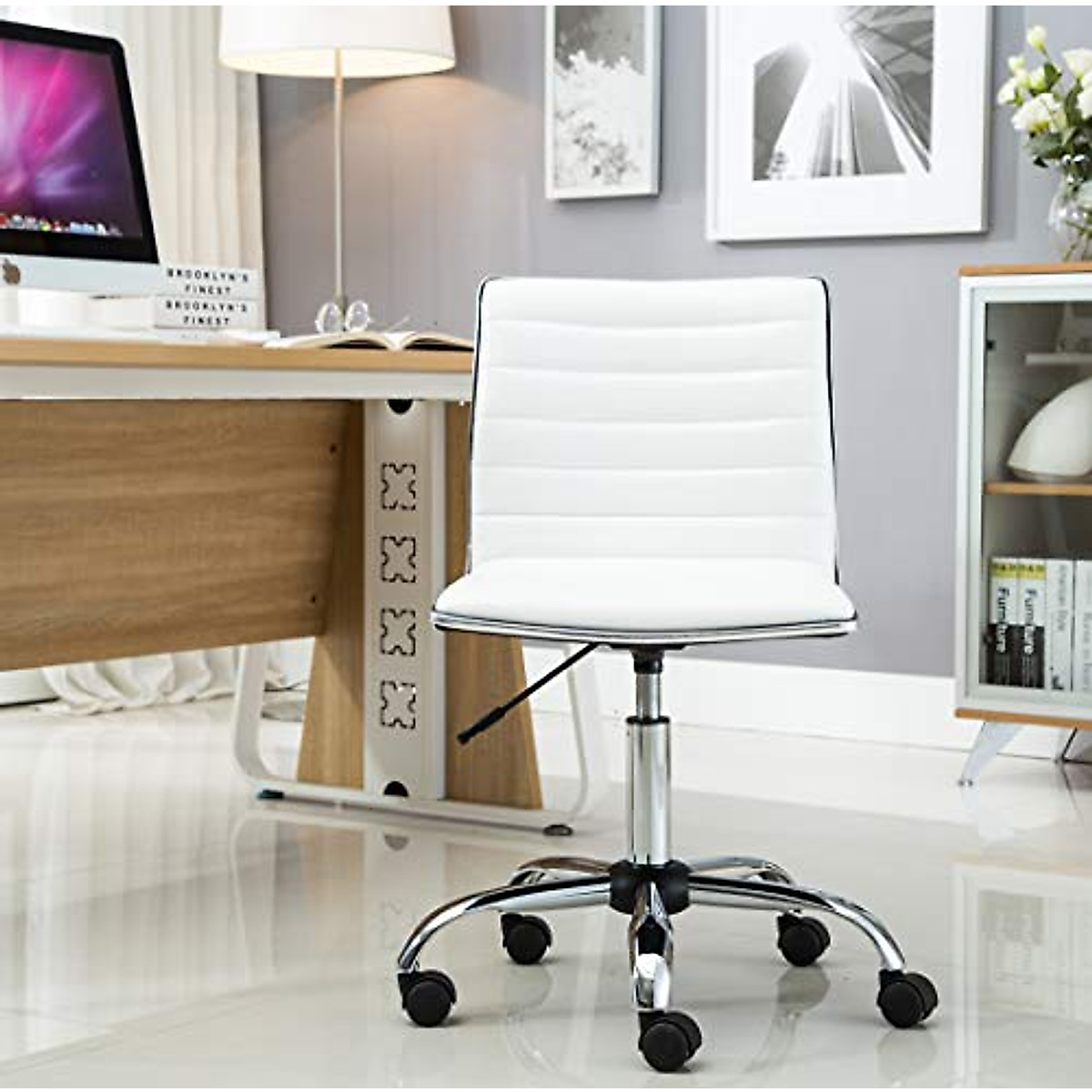 BTEXPERT BTExpert Swivel Mid Back Armless Ribbed Designer Task Chair Leather Soft Upholstery Office Chair - White
