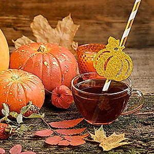 Whaline 50Pcs Thanksgiving Fall Pumpkin Paper Straws Glitter Gold Foil White Stripe Disposable Straws Fall Harvest Drinking Straws with Glue Points for Autumn Thanksgiving Wedding Party Table Decor