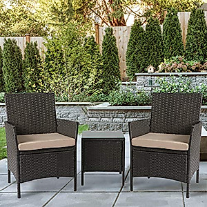 Aoxun Patio Bistro Set 3-Piece Outdoor Rattan Patio Furniture, Outdoor Bistro Set Wicker Patio Furniture with Coffee Table and Thick Cushion,Brown