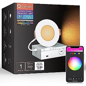 Lumary 3 Inch Smart Recessed Lighting WiFi Bluetooth Smart LED Recessed Lights 7W 350LM LED Wafer Downlight with Junction Box Work with Alexa/Google Assistant(1 Pack)