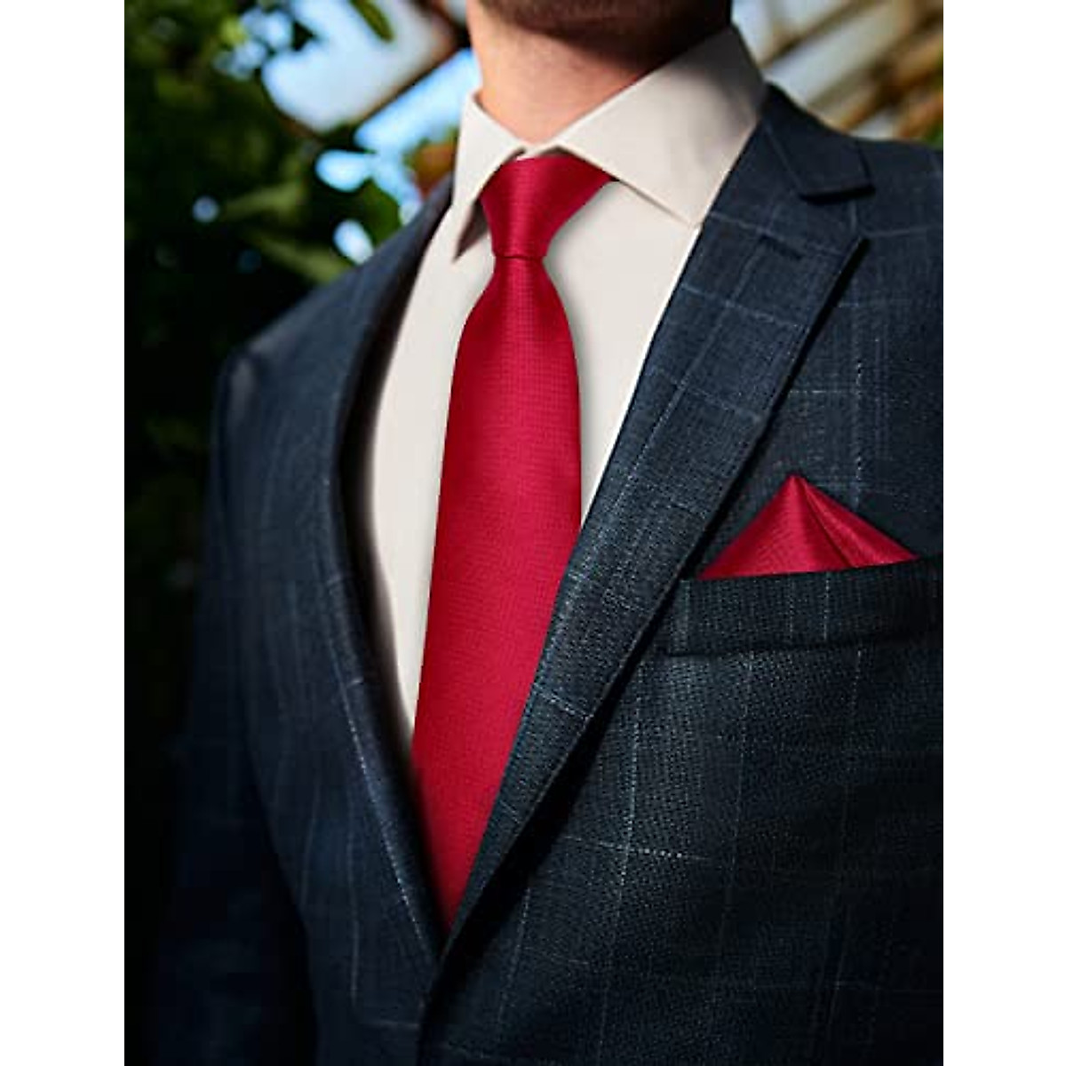 DiBanGu Tie Set for Men Solid Color Necktie, Gold Tie Tack, Gold Tie Ring, Pocket Square, Cufflinks Formal Mens Silk Tie, Bright Red