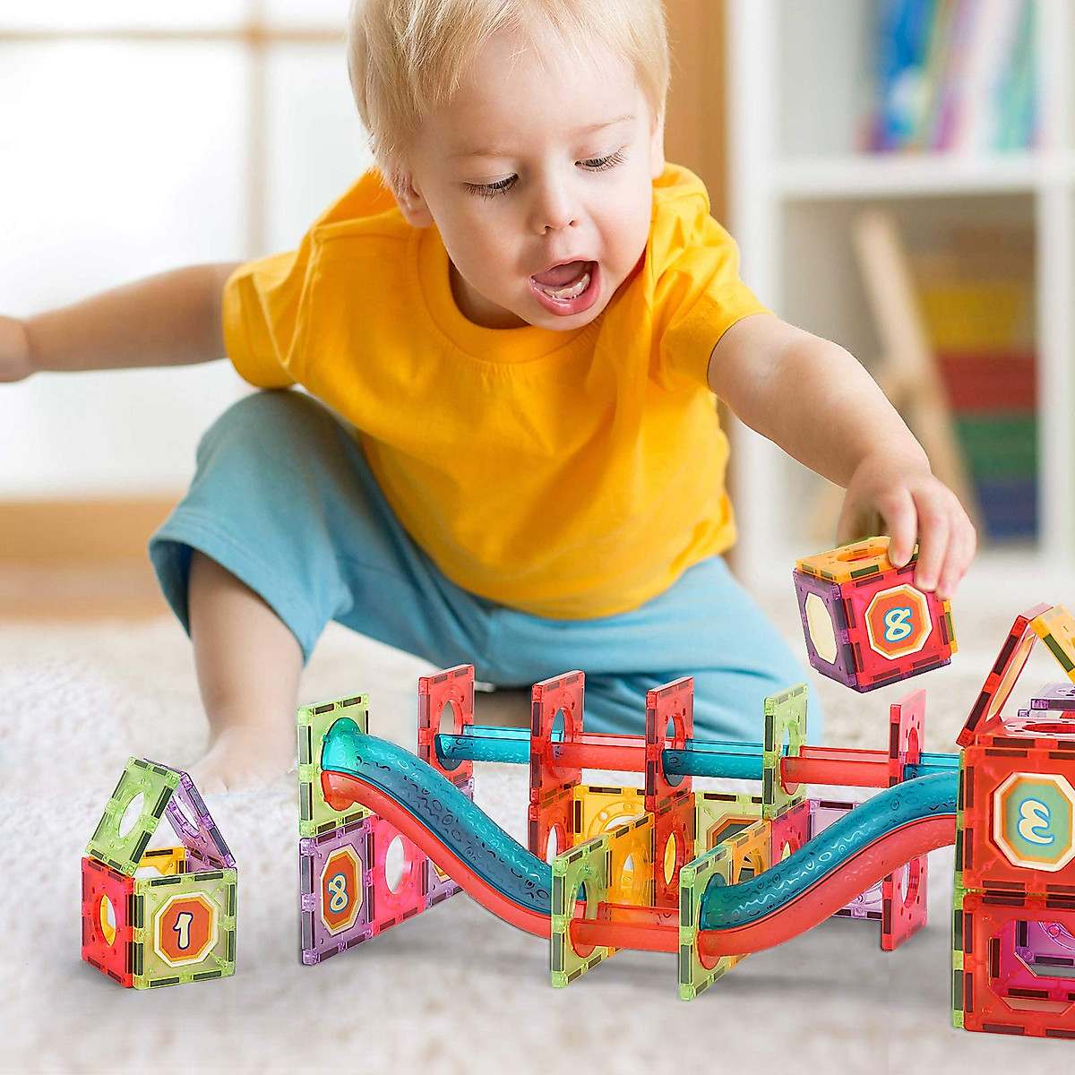 FUNTECH Magnetic Tiles, Magnetic Pipe Blocks, Marble Run STEM Building Set, 110Piece, GIft for Children Boys and Girls