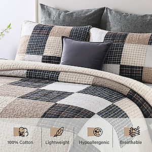 PERHOM 100% Cotton King Size Quilt Set - Lightweight Bedding Set, Real-Patchwork Plaid Pattern Printed Farmhouse Bedspreads, Soft Reversible Coverlet Comforter for All Season, 3 Pieces
