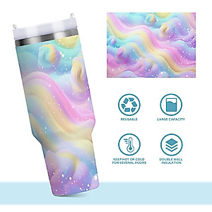 KEEPREAL 30 oz Rainbow Ice Cream Swirl Tumbler with Handle, Insulated Sports Water Bottle with Lid and Straw, Thermal Stainless Steel Travel Coffee Mug Cup #171