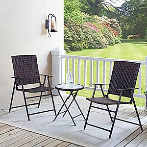 PHI VILLA Outdoor Patio Folding Small Side Table Round with Tempered Glass Top, Rattan Edge and Metal Frame