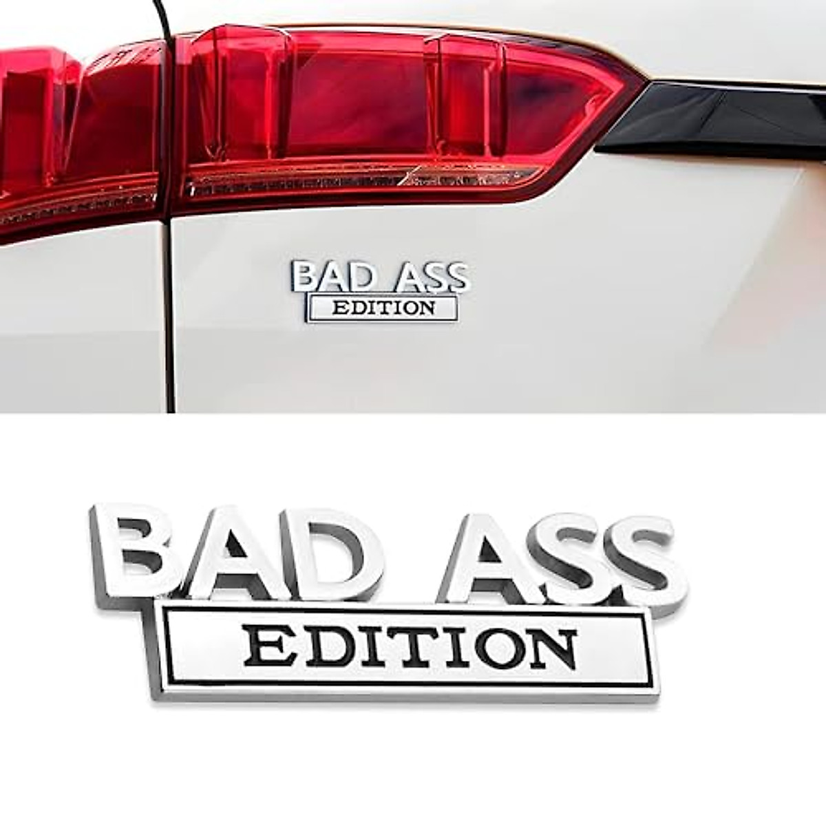 Hawyet 1 PC Car Fender Badge Sticker, 3.93" x 1.33" Bad Ass Edition Zinc Alloy 3D Engine Hood Decal, Universal Body Decoration Modification Accessory, Suitable for Most Car Models (Silver & Black)