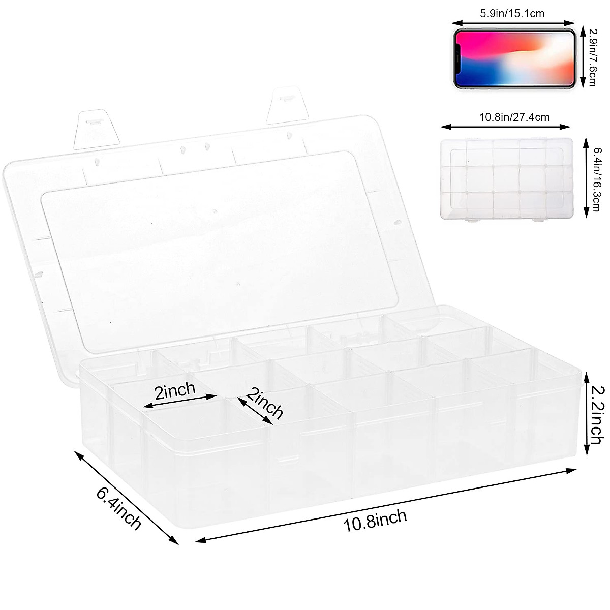 15 Grids Plastic Compartment Container, Clear Storage Organizer Box Case with Adjustable Divider Removable Grid for Art DIY Crafts Jewelry Beads Fishing Hook