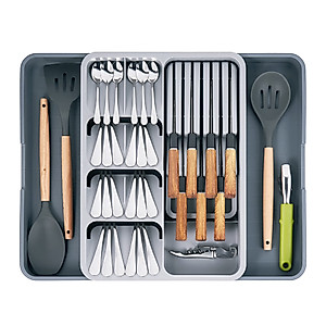 SOMIER Kitchen Utensil Drawer Organizer, Removable 2-Tier Knife Holder, Expandable Cutlery Tray for Silverware, Flatware and Utensils, Large Kitchen Drawer Dividers for Spoons, Forks, Knives, Gray