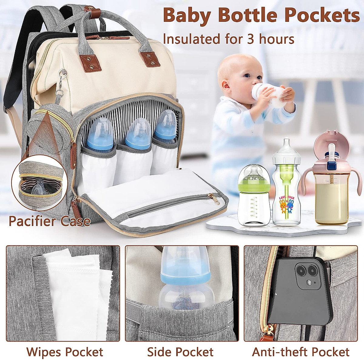 Diaper Bag Backpack Multifunctional Diaper Backpack with Extension Pad for Baby Boy and Girl Travel Baby Bag for Moms Dads