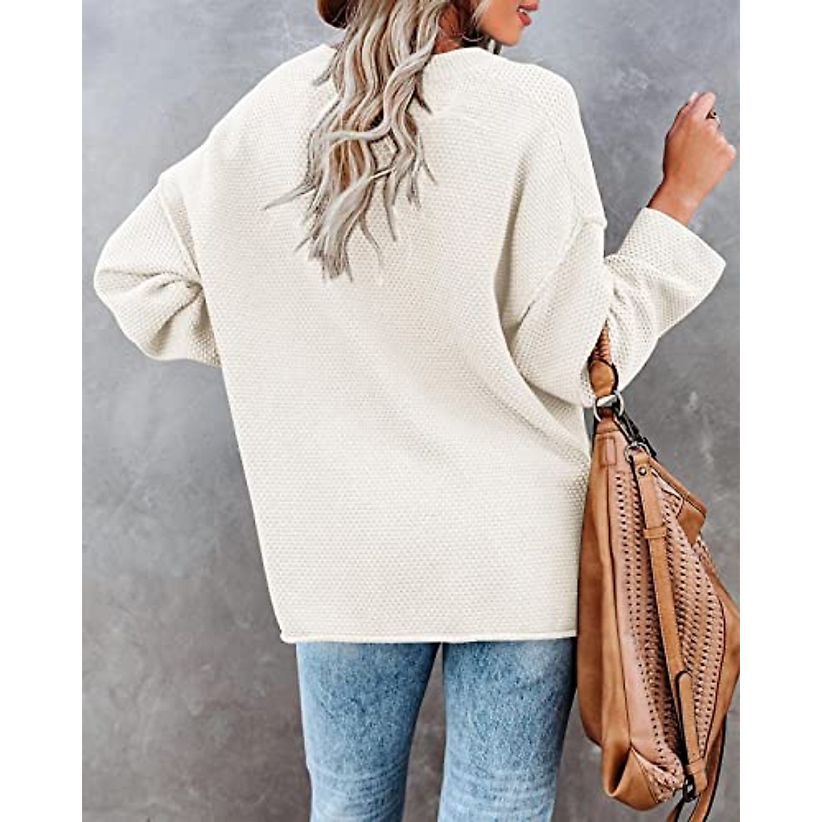 Saodimallsu Women's Oversized Sweaters Batwing Long Sleeve Loose V Neck Button Henley Tops Pullover Knit Jumper White