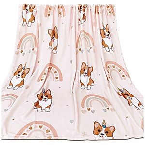 Corgi Blanket for Girls Rainbow Unicorn Corgi - Soft Girls Kawaii Blanket - Corgi Gifts for Corgi Lovers - Boho Pink Rainbow Blanket - 60 x 60in Plush Fleece Throws