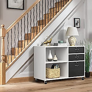 YITAHOME 3-Drawer Wood File Cabinet with Locks, Mobile Lateral Filing Cabinet for Letter, A4 Size, Storage Cabinet Printer Stand with 2 Open Shelves for Home Office, Black and White